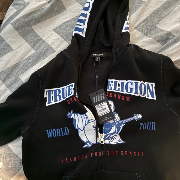 True Religion | Jackets & Coats | True Religion Black Hoodie With Blue ...
